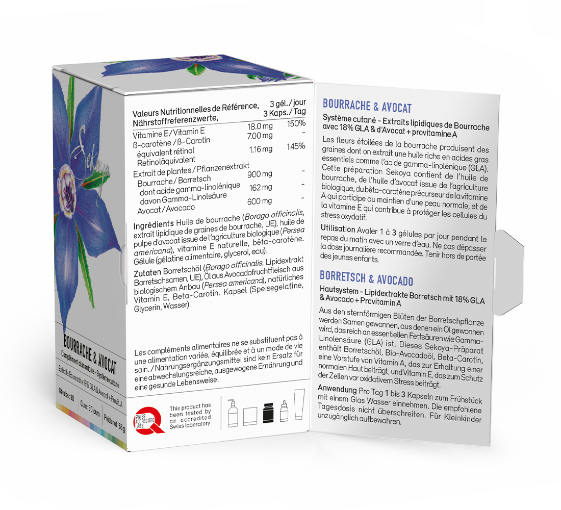 Bourrache & Avocat 90 Gélules - Peau sèche & Eczéma | Sekoya